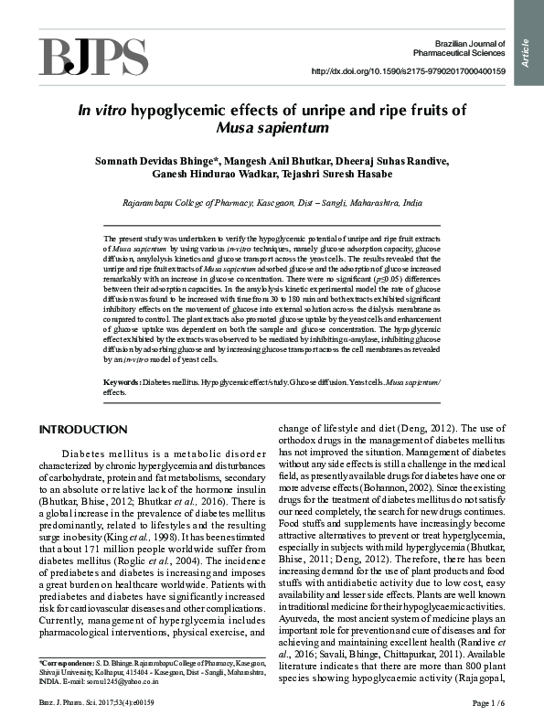 (PDF) In vitro hypoglycemic effects of unripe and ripe fruits of Musa ...