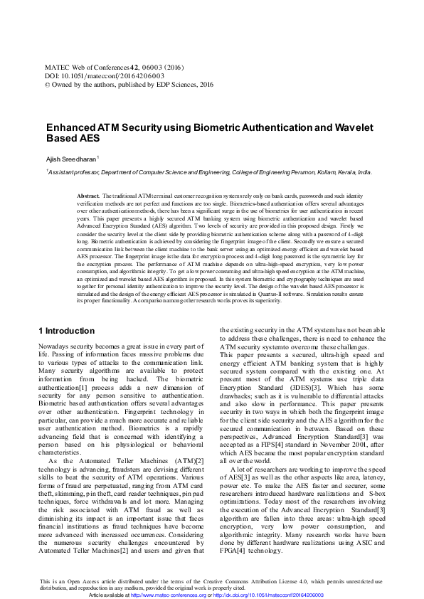 (PDF) Enhanced ATM Security using Biometric Authentication and Wavelet Based AES