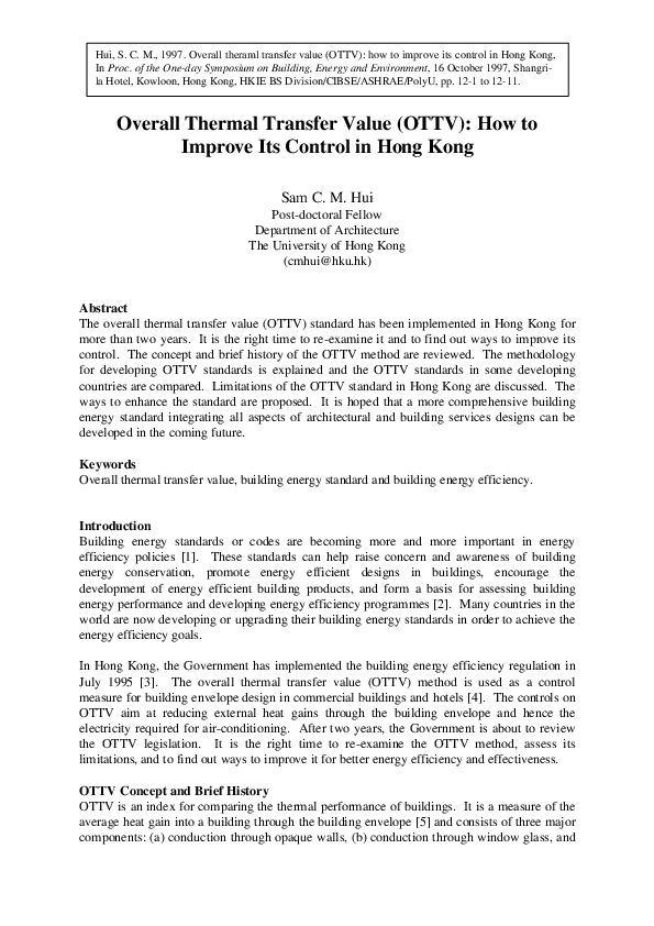 (PDF) Overall Thermal Transfer Value (OTTV): How to Improve Its Control ...