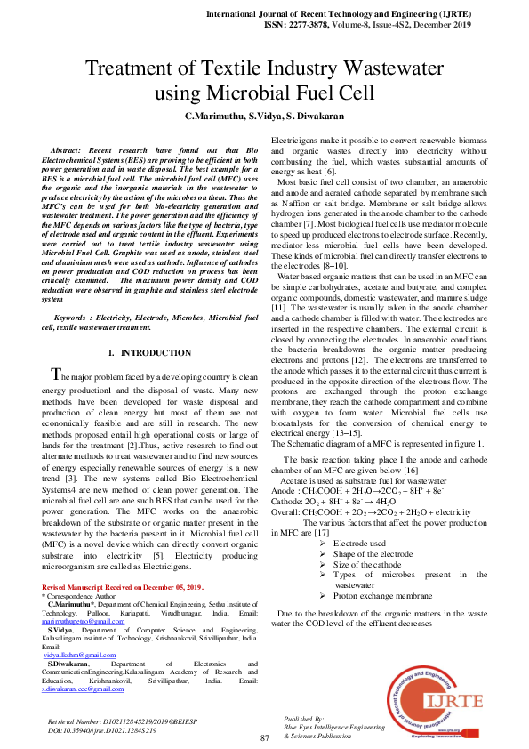 (PDF) Treatment of Textile Industry Wastewater using Microbial Fuel Cell