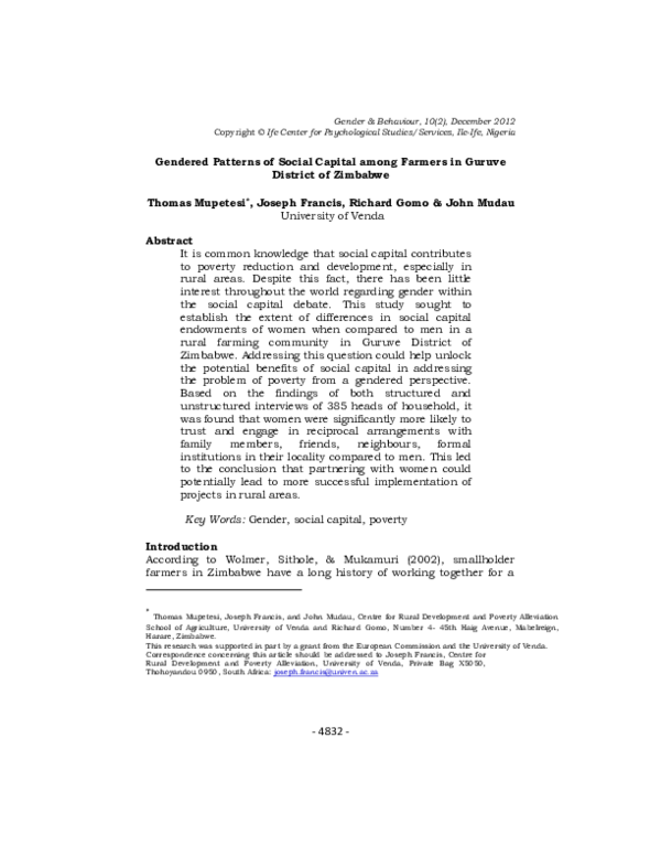 (PDF) Gendered Patterns of Social Capital among Farmers in Guruve ...
