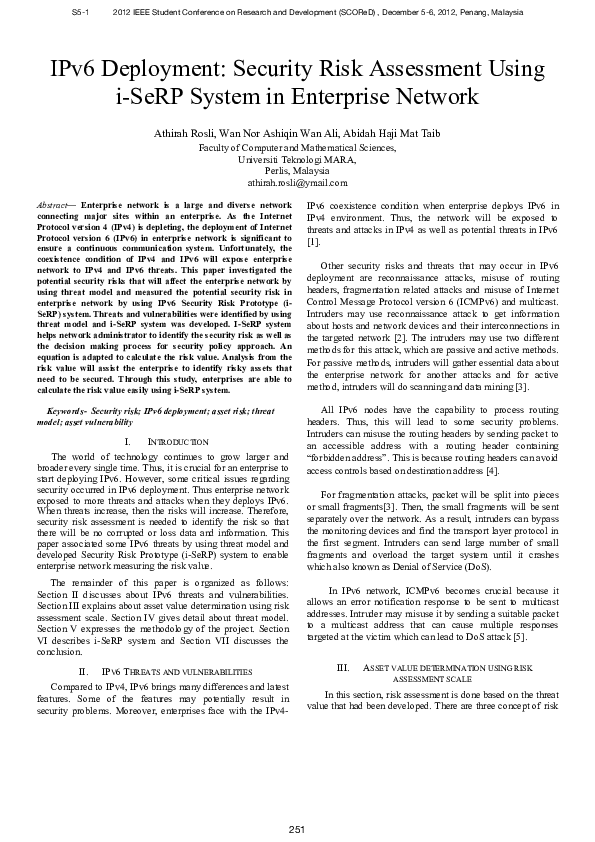 (PDF) IPv6 deployment: Security risk assessment using i-SeRP system in enterprise network