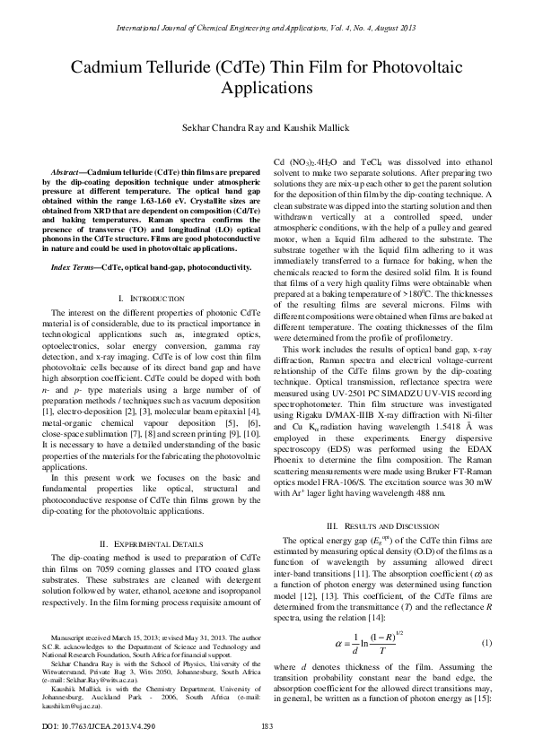 (PDF) Cadmium Telluride (CdTe) Thin Film for Photovoltaic Applications
