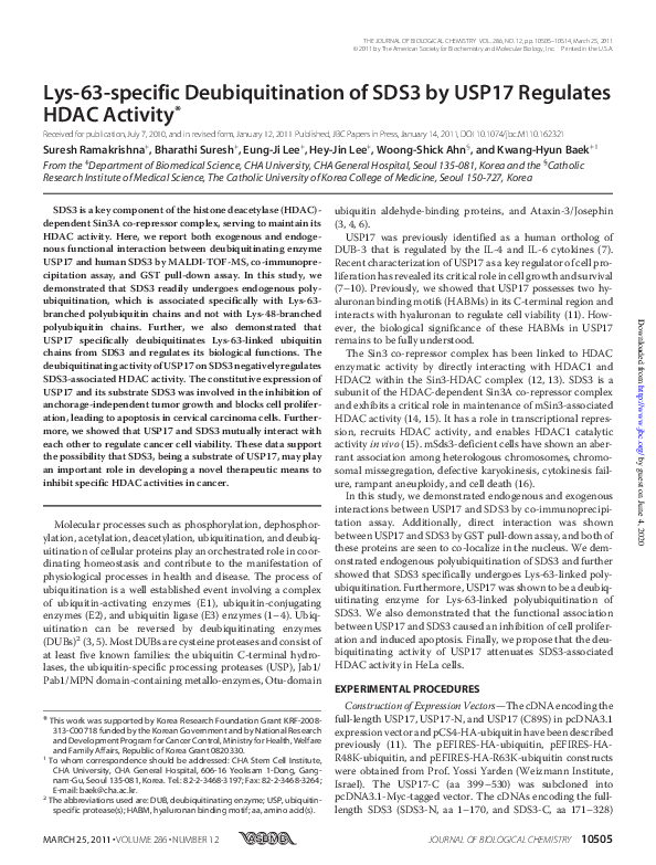 (PDF) Lys-63-specific Deubiquitination of SDS3 by USP17 Regulates HDAC ...