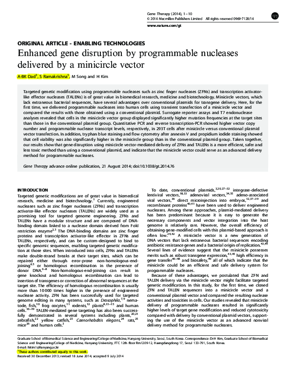 (PDF) Enhanced gene disruption by programmable nucleases delivered by a ...