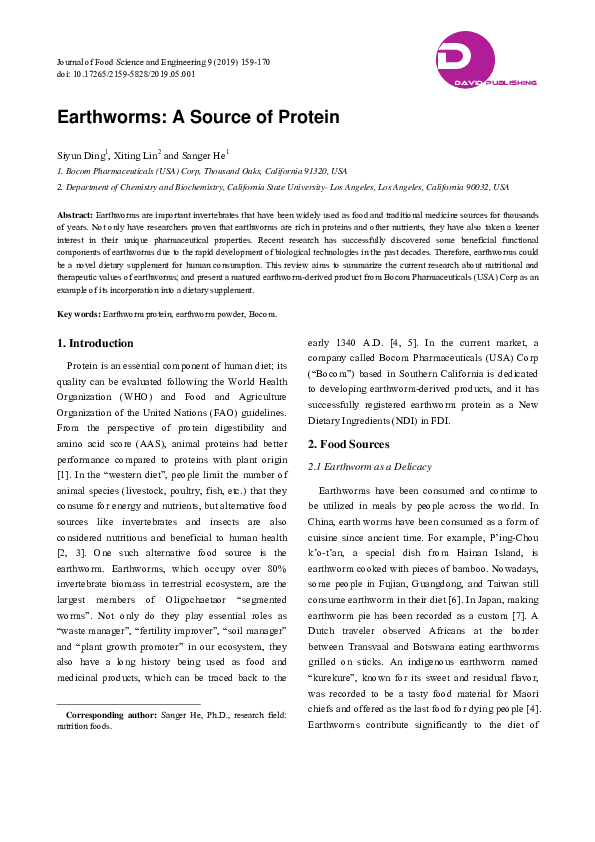 (PDF) Earthworms: A Source of Protein