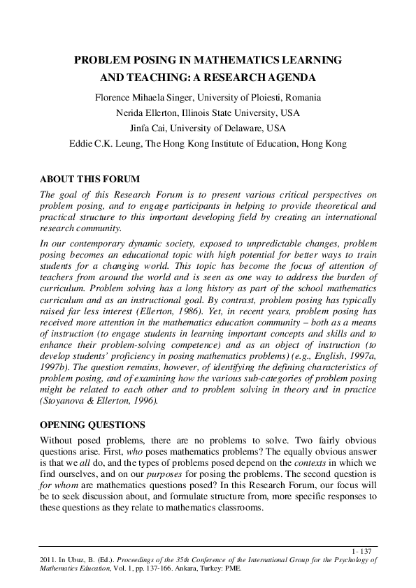 (PDF) Problem Posing in Mathematics Learning and Teaching: a Research Agenda
