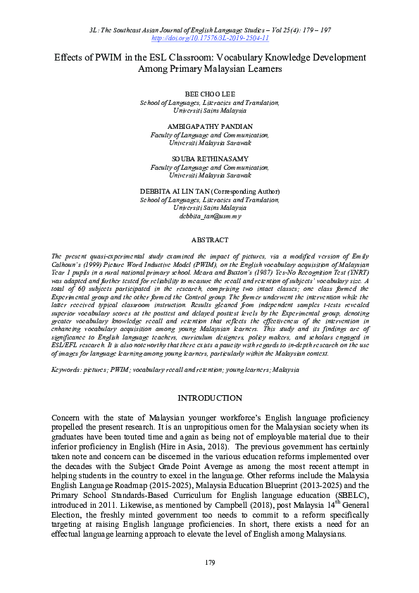 (PDF) Effects of PWIM in the ESL Classroom: Vocabulary Knowledge ...