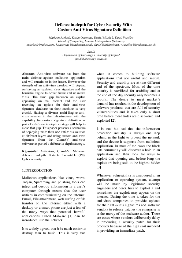 (PDF) Defence in-depth for Cyber Security With Custom Anti-Virus ...
