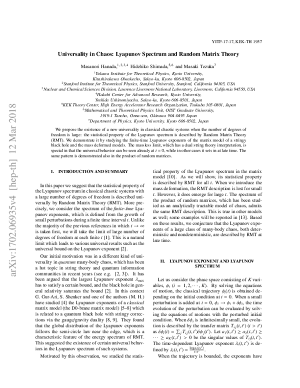 Pdf Universality In Chaos Lyapunov Spectrum And Random Matrix Theory