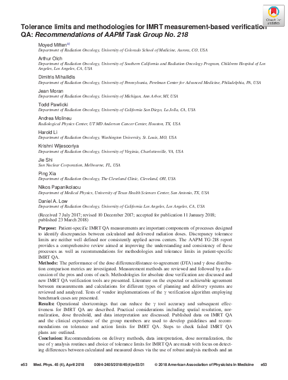 (PDF) Tolerance limits and methodologies for IMRT measurement-based verification QA ...