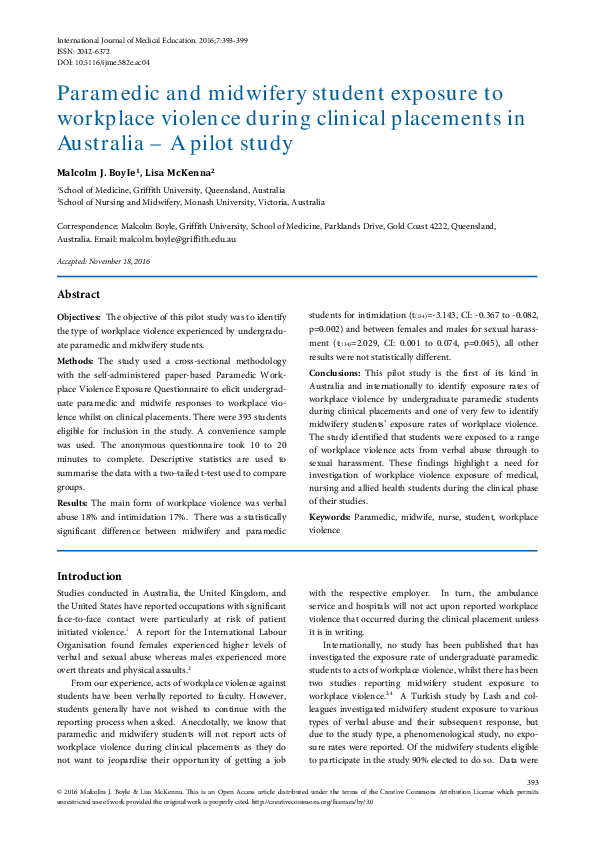 (PDF) Paramedic and midwifery student exposure to workplace violence ...