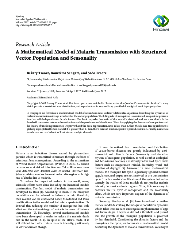 (PDF) A Mathematical Model of Malaria Transmission with Structured ...