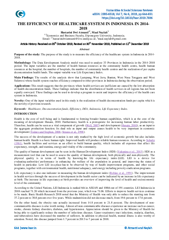 (PDF) The Efficiency of Healthcare System in Indonesia in 2014-2018