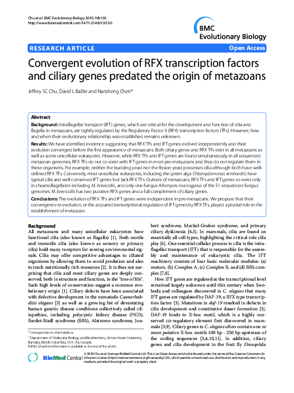 (PDF) Convergent evolution of RFX transcription factors and ciliary ...