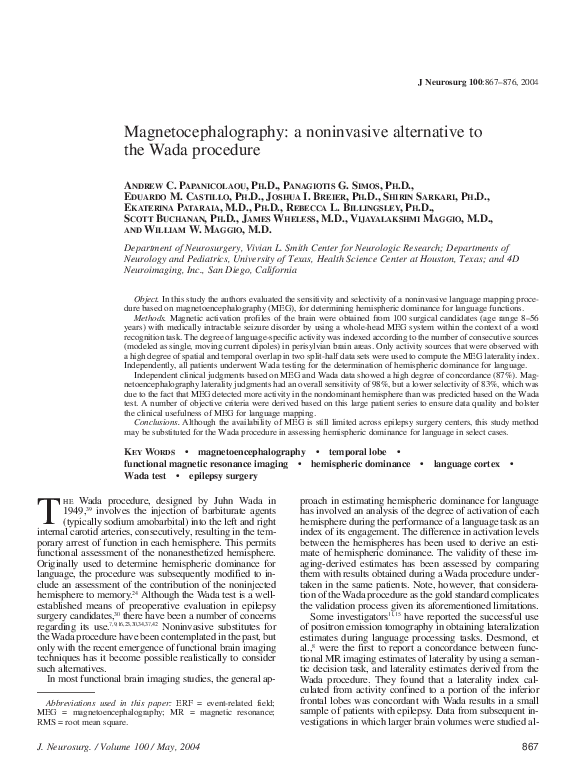 (PDF) Magnetocephalography: a noninvasive alternative to the Wada procedure