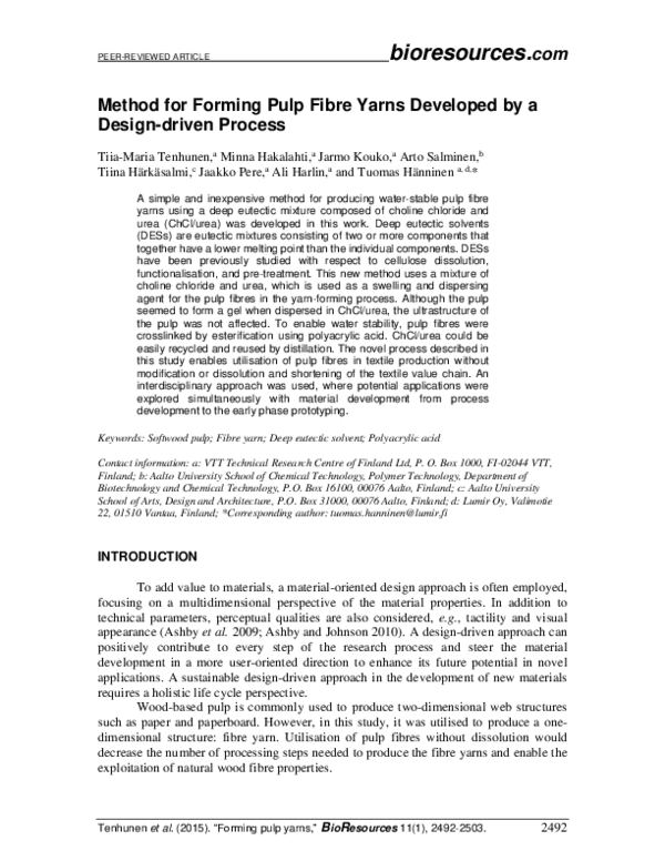 (PDF) Method for Forming Pulp Fibre Yarns Developed by a Design-driven ...