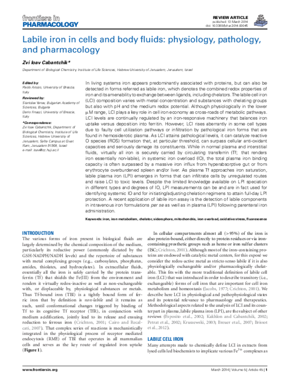 (PDF) Labile iron in cells and body fluids: physiology, pathology, and ...