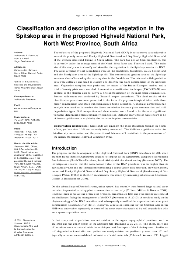 (PDF) Classification and description of the vegetation in the Spitskop ...
