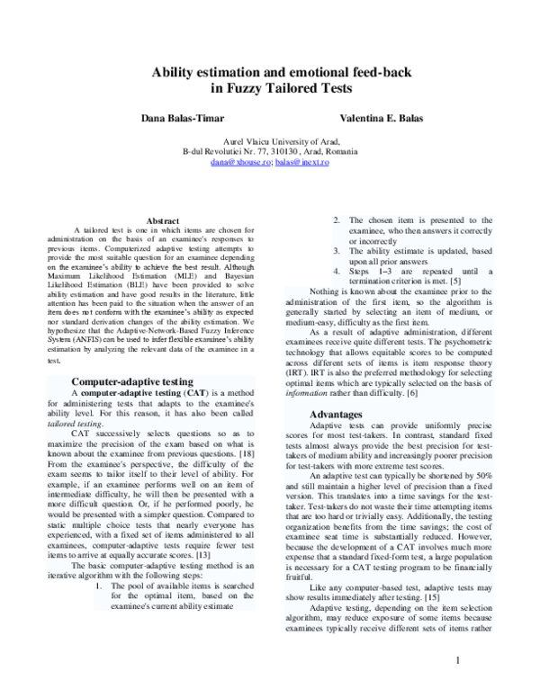Pdf Ability Estimation And Emotional Feed Back In Fuzzy Tailored Tests Computer Adaptive Testing 1968