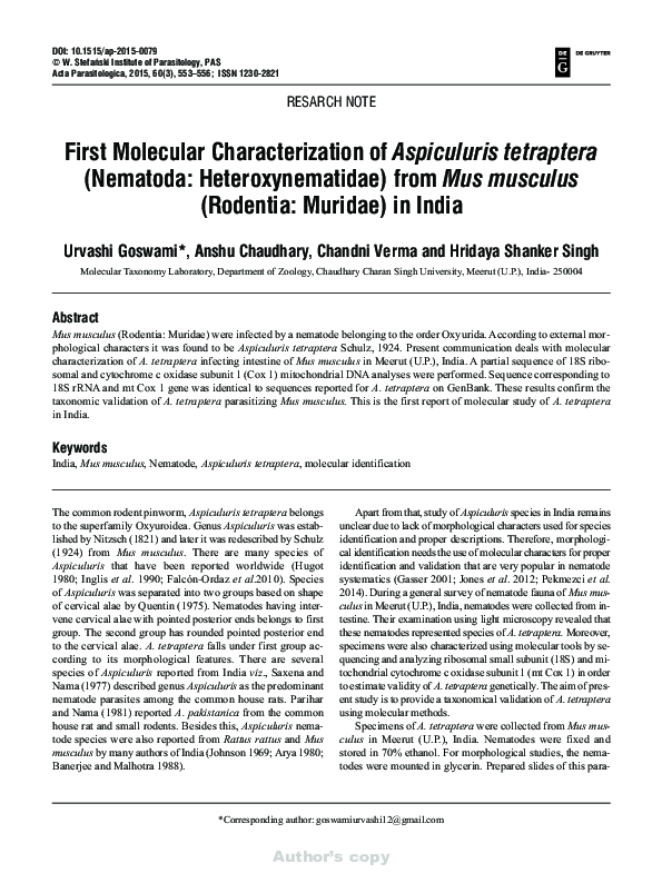 (PDF) First Molecular Characterization of Aspiculuris tetraptera ...