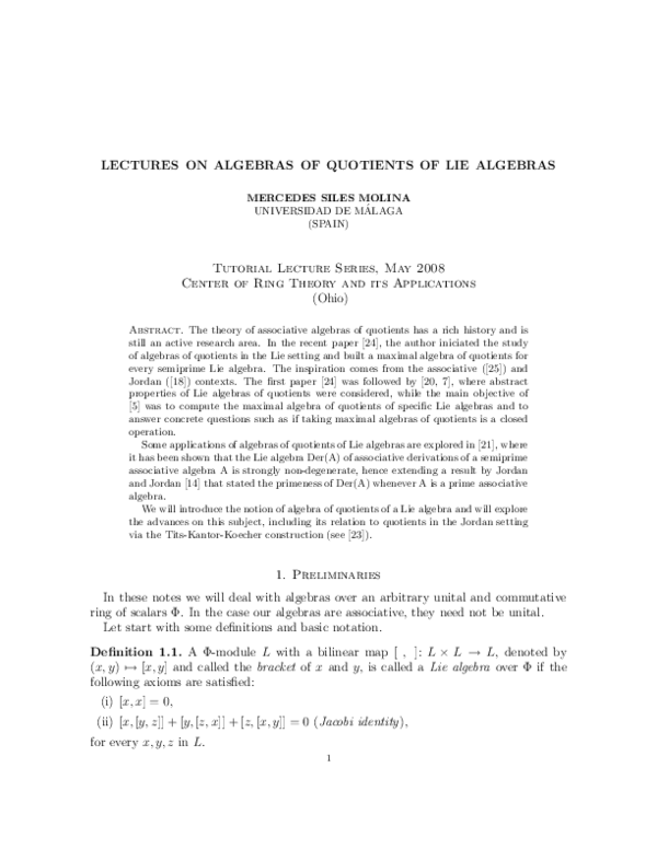 (PDF) Lectures on Algebras of Quotients of Lie Algebras