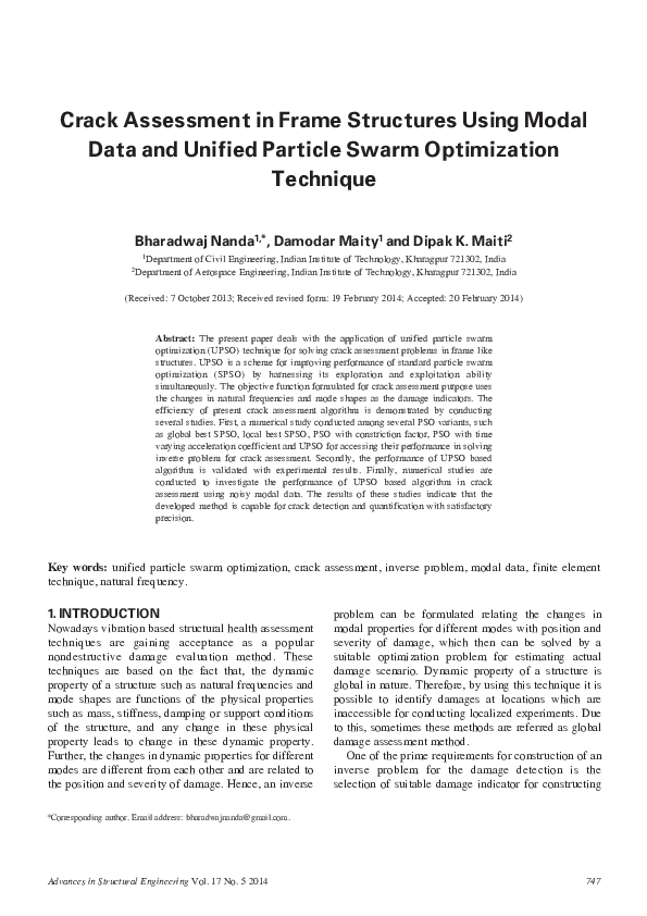 (PDF) Crack Assessment in Frame Structures Using Modal Data and Unified Particle Swarm ...