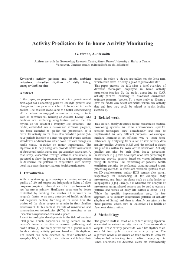 (PDF) Activity prediction for in-home activity monitoring