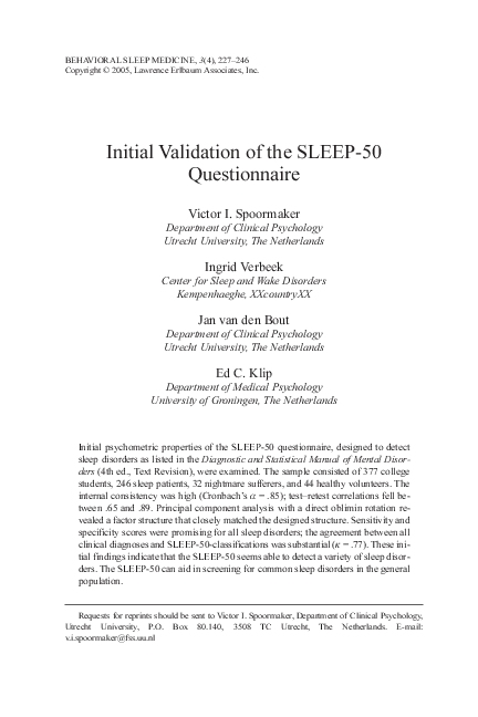(PDF) Initial Validation of the SLEEP-50 Questionnaire