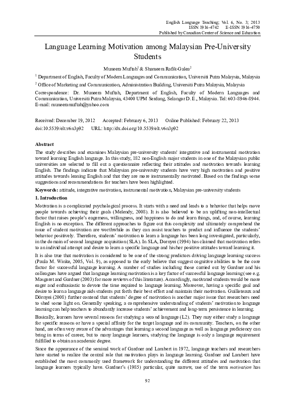 (PDF) Language Learning Motivation among Malaysian Pre-University Students
