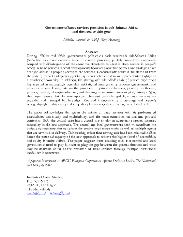 (PDF) Governance of basic services provision in sub-Saharan Africa and ...