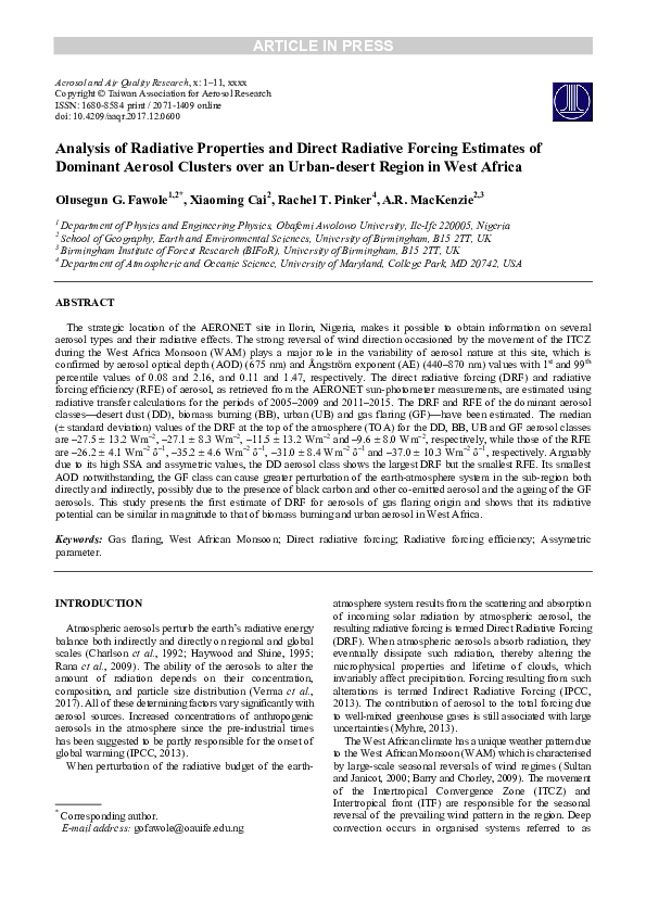 (PDF) Analysis of Radiative Properties and Direct Radiative Forcing ...