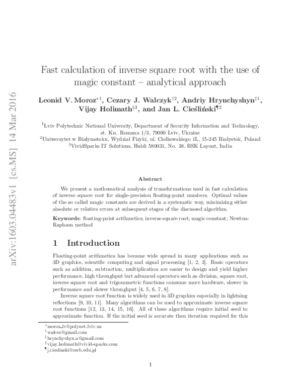 Pdf Fast Calculation Of Inverse Square Root With The Use Of Magic Constant Analytical