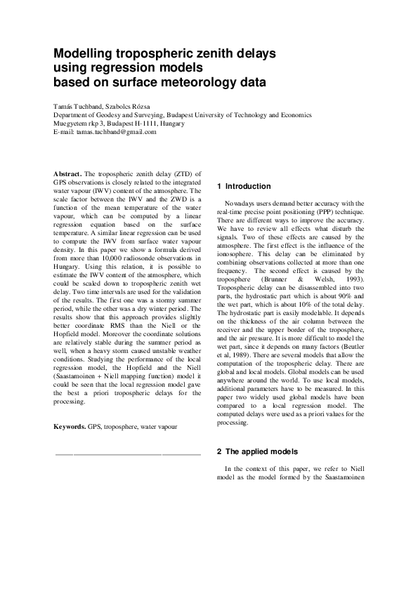 (PDF) Modelling Tropospheric Zenith Delays Using Regression Models Based on Surface Meteorology Data