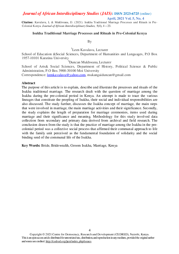 (PDF) Isukha Traditional Marriage Processes and Rituals in Pre-Colonial ...