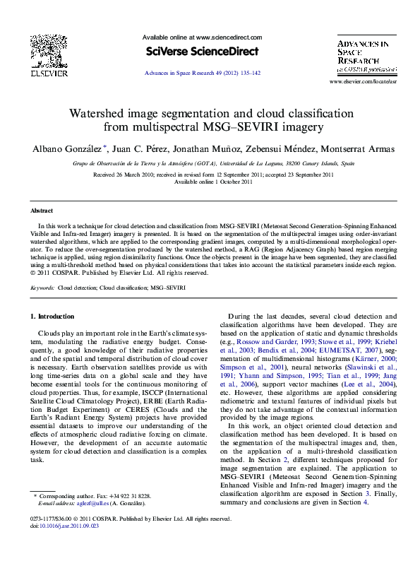 (PDF) Watershed image segmentation and cloud classification from multispectral MSG–SEVIRI imagery