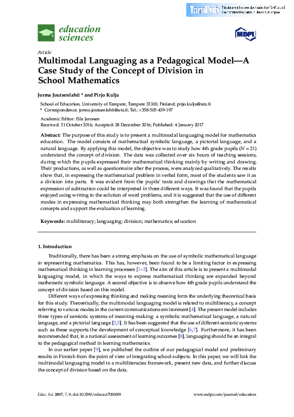(PDF) Multimodal Languaging as a Pedagogical Model—A Case Study of the ...