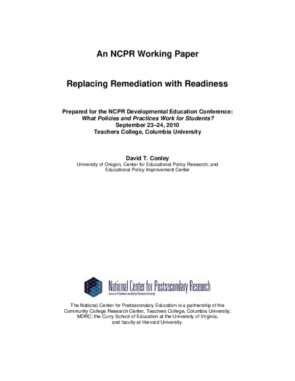 (PDF) Replacing Remediation with Readiness. An NCPR Working Paper