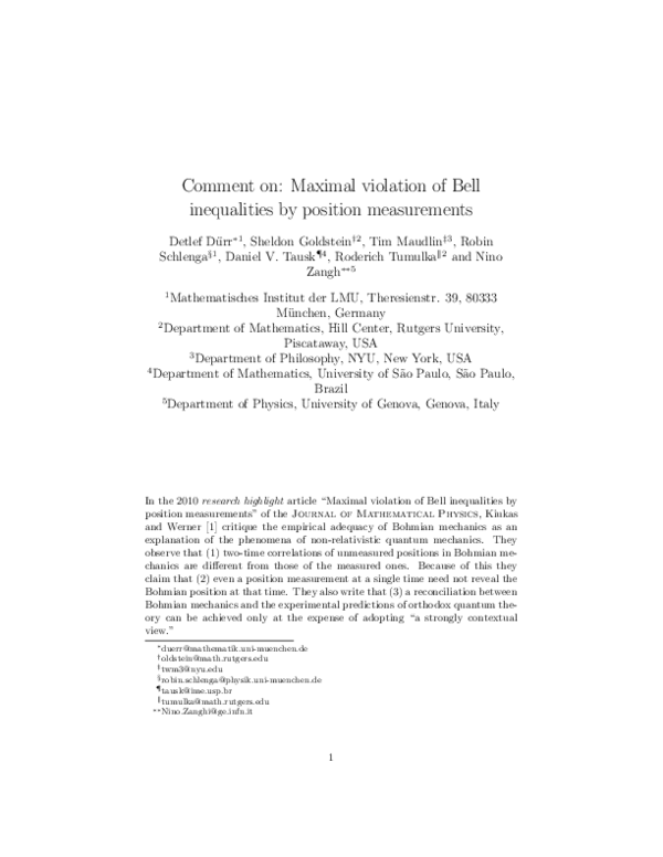 (PDF) Comment on: Maximal violation of Bell inequalities by position ...