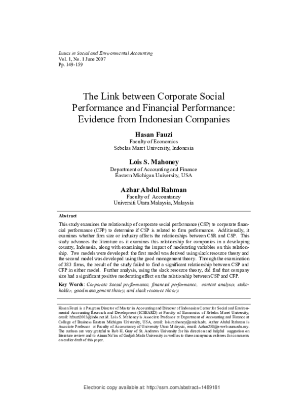 (PDF) The Link between Corporate Social Performance and Financial ...