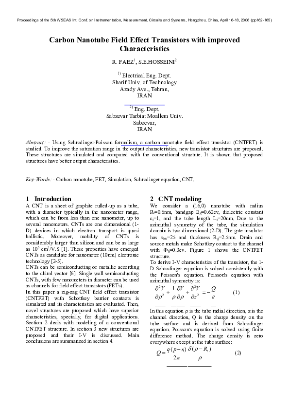 Pdf Carbon Nanotube Field Effect Transistors With Molecular Interface