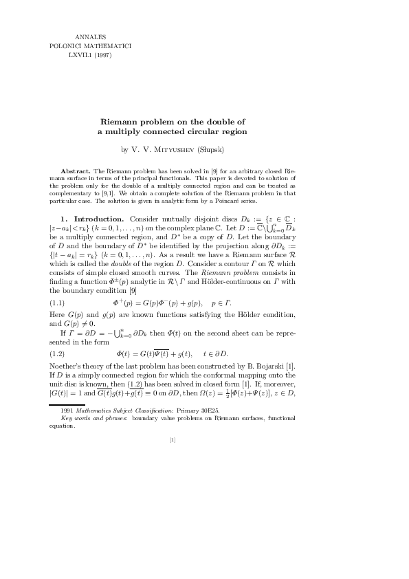 (PDF) Riemann problem on the double of a multiply connected circular region | Vladimir Mityushev ...