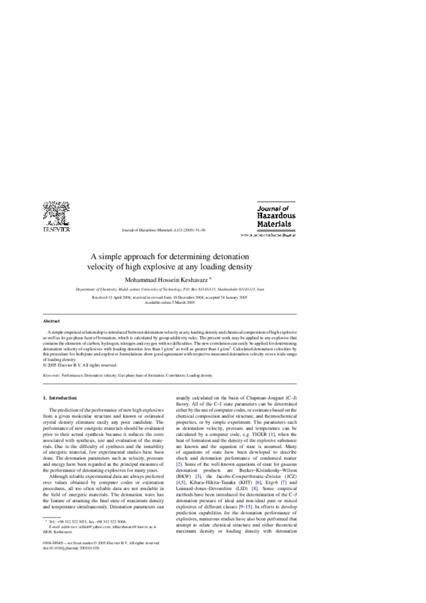 (PDF) A simple approach for determining detonation velocity of high ...