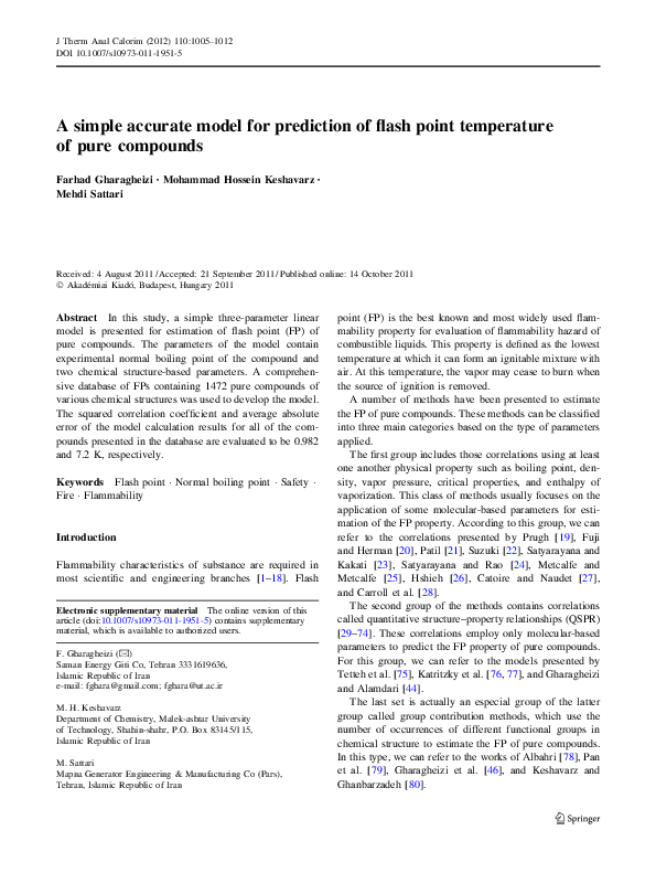 (PDF) A simple accurate model for prediction of flash point temperature ...