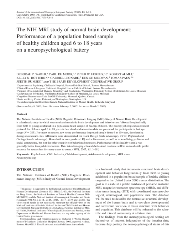(PDF) The NIH MRI study of normal brain development: Performance of a ...