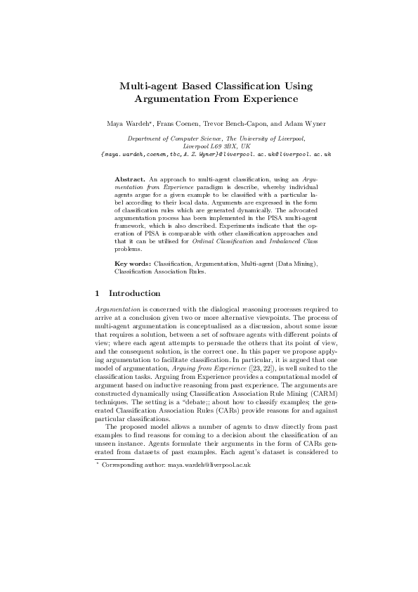 (PDF) Multiagent Based Classification Using Argumentation From Experience | Frans Coenen ...