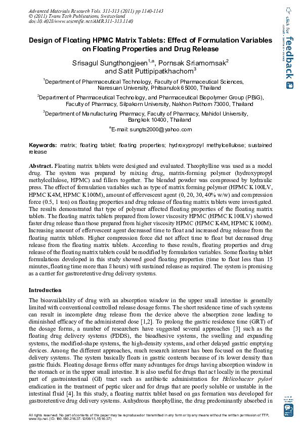 Pdf Design Of Floating Hpmc Matrix Tablets Effect Of Formulation Variables On Floating