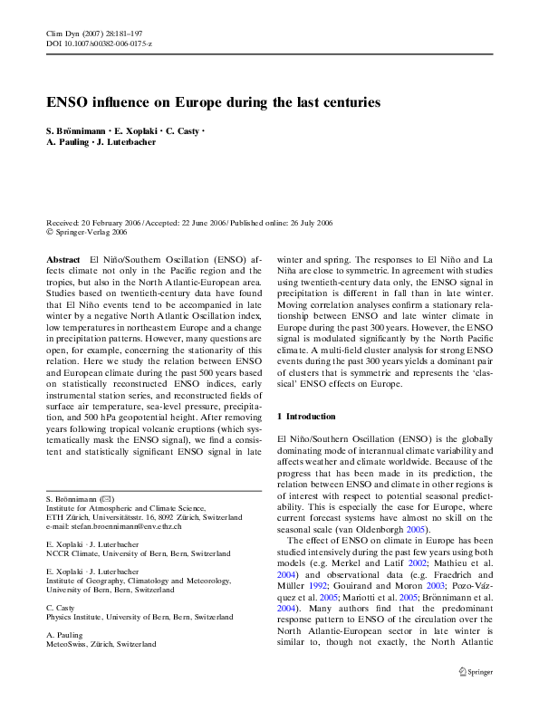 (PDF) ENSO influence on Europe during the last centuries