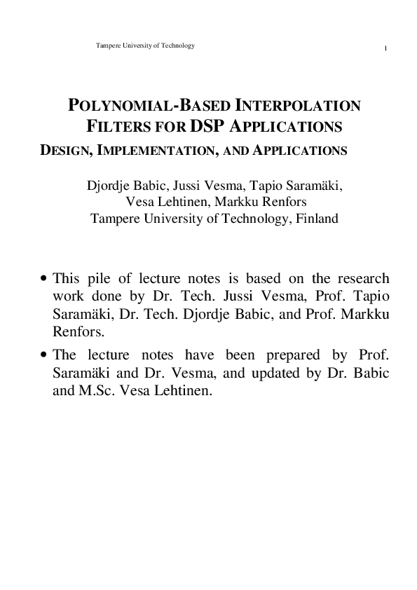 Pdf Polynomial Based Interpolation Filters For Dsp Applications