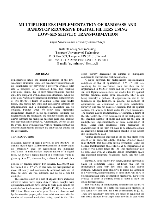 Pdf Multiplierless Implementation Of Bandpass And Bandstop Recursive Digital Filters Using